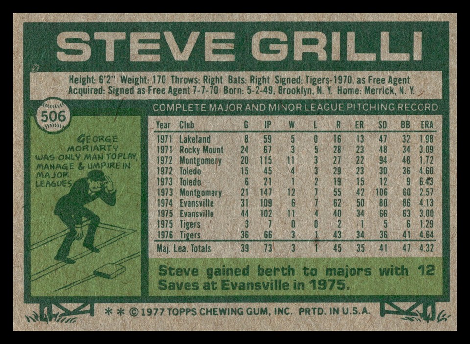1977 Topps #506 Steve Grilli Detroit Tigers Baseball Card | eBay