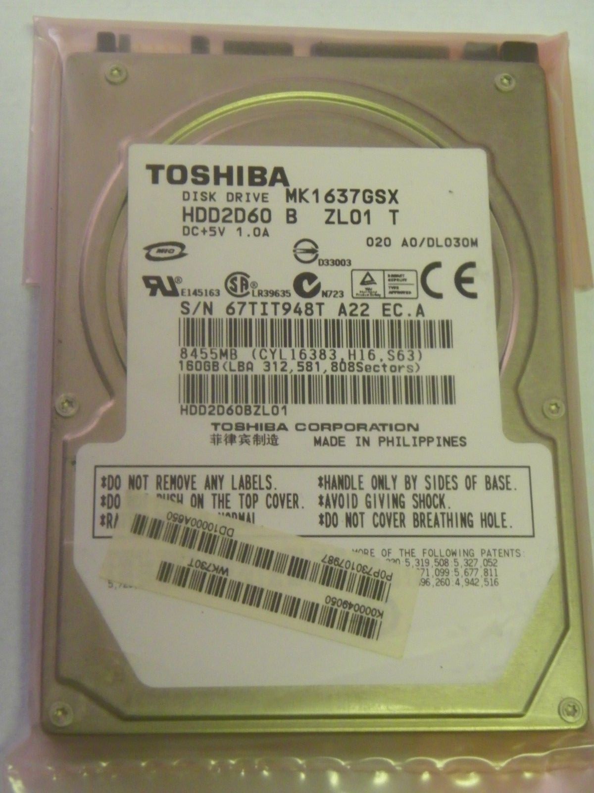 Toshiba MK1637GSX (HDD2D60 B ZL01 T) 020 A0/DL030M 160GB 2.5" SATA Hard ...