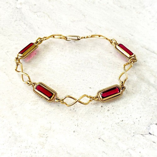 Vintage Ruby Glass Baguette Gold Filled Bracelet 7.5 In Signed Sturdy ...