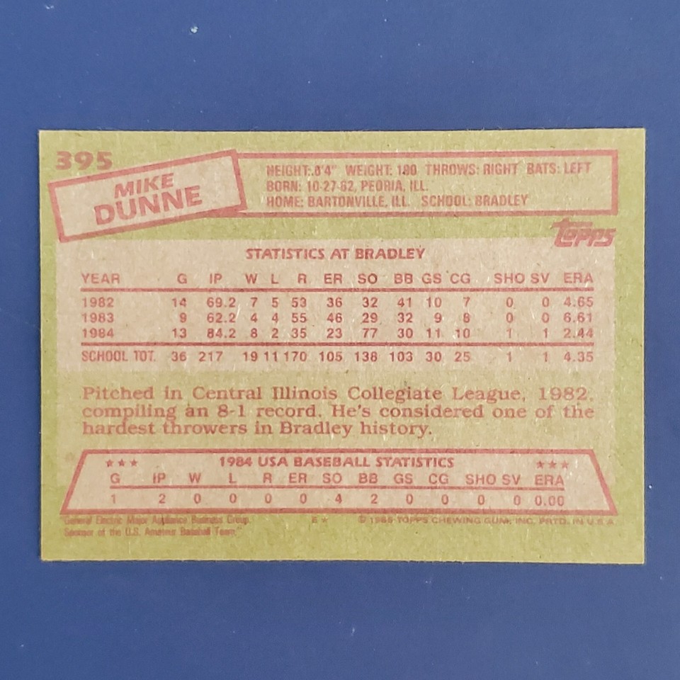 1985 TOPPS USA BASEBALL TEAM "MIKE DUNNE" BASEBALL CARD #395 BEAUTIFUL ...
