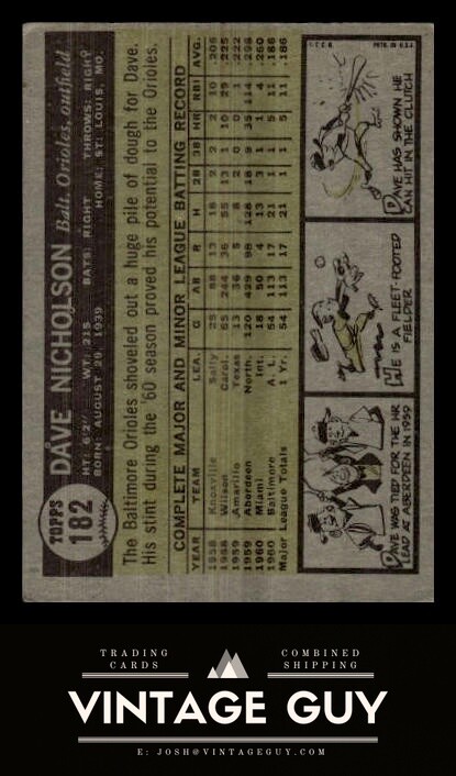 1961 Topps #182 Dave Nicholson RC Vintage Baltimore Orioles Baseball ...