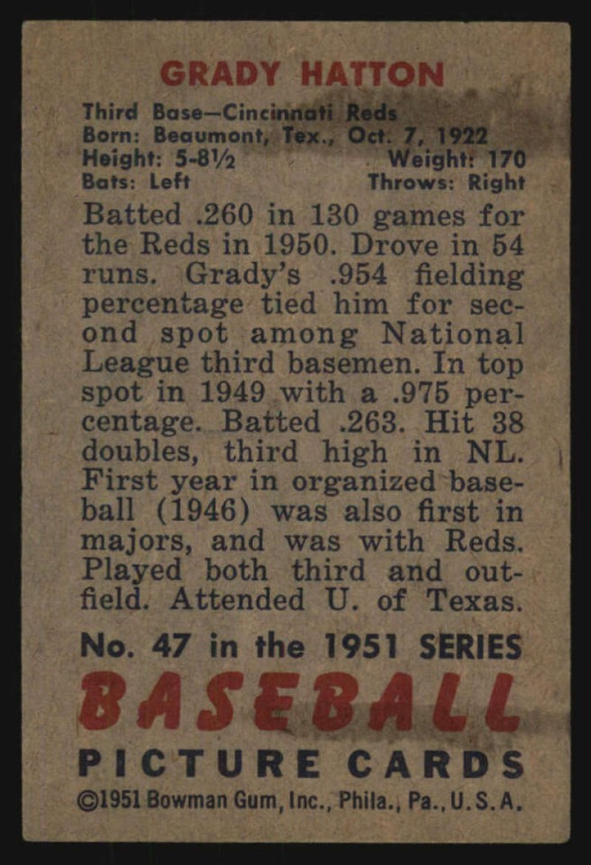 1951 Bowman #47 Grady Hatton EX/EX+ Reds 568018 | eBay
