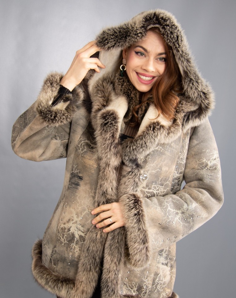 8342 GLAMOROUS REAL SHEARLING COAT FUR JACKET BLUE FOX HOOD BEAUTIFUL ...