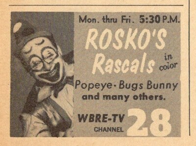 1957 TV AD~WBRE ROSKO THE CLOWN ROSKO'S RASCALS Popeye & Bugs Bunny | eBay