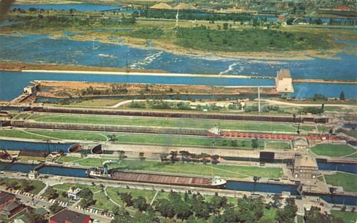 Postcard MI The Soo Locks Sault Ste Marie Michigan MacArthur Poe Davis ...