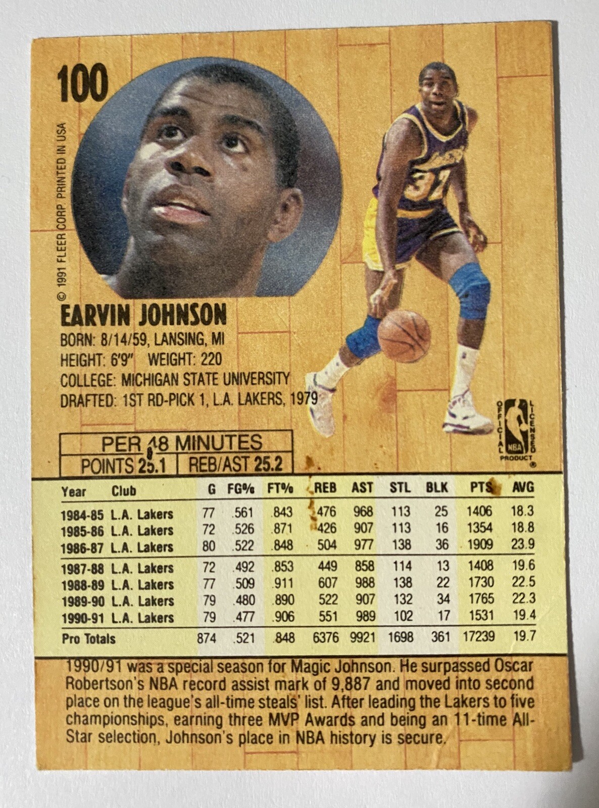 Nice 1991 EARVIN "MAGIC"JOHNSON Fleer Basketball Card # 100 Made in USA ...