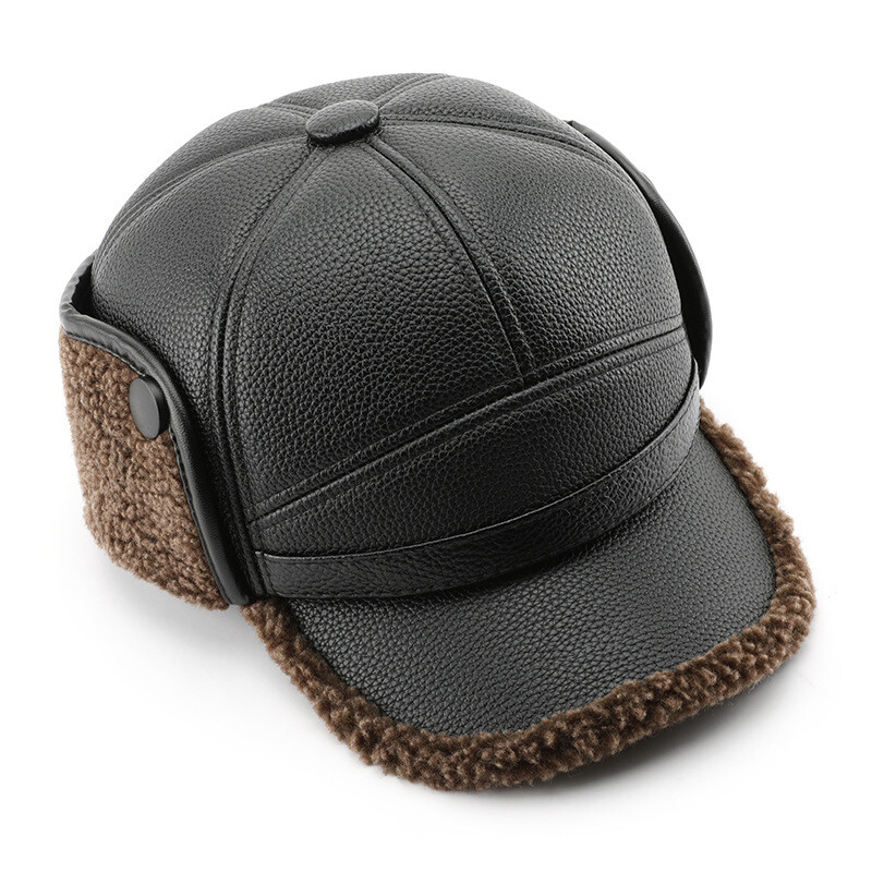 Men Faux Leather Baseball Cap Hat Earflap Trapper Hunting Warm Fleeced ...