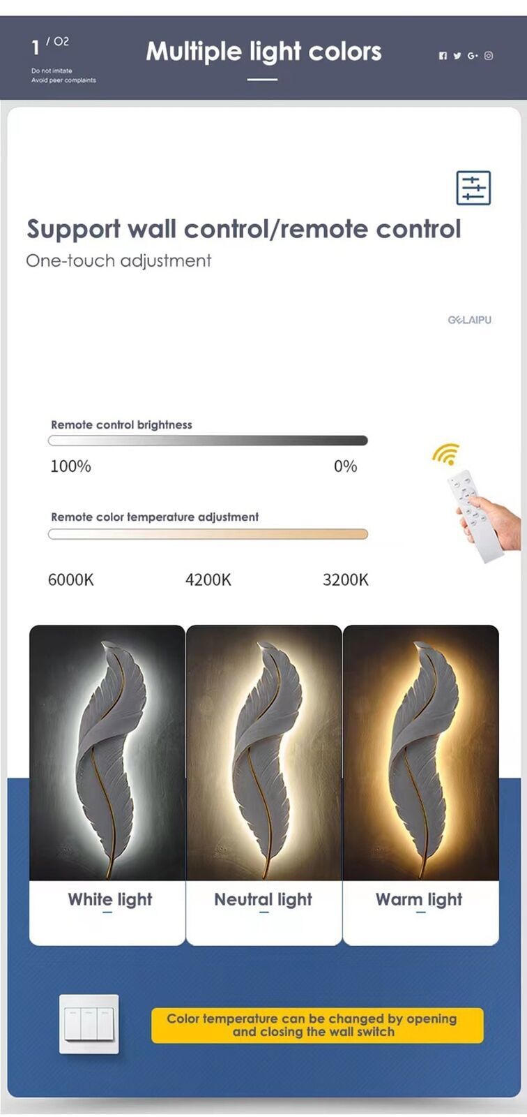 LED Feather Wall Lamp Resin Lamp Bedroom Wall Hallway Home Decor Indoor ...