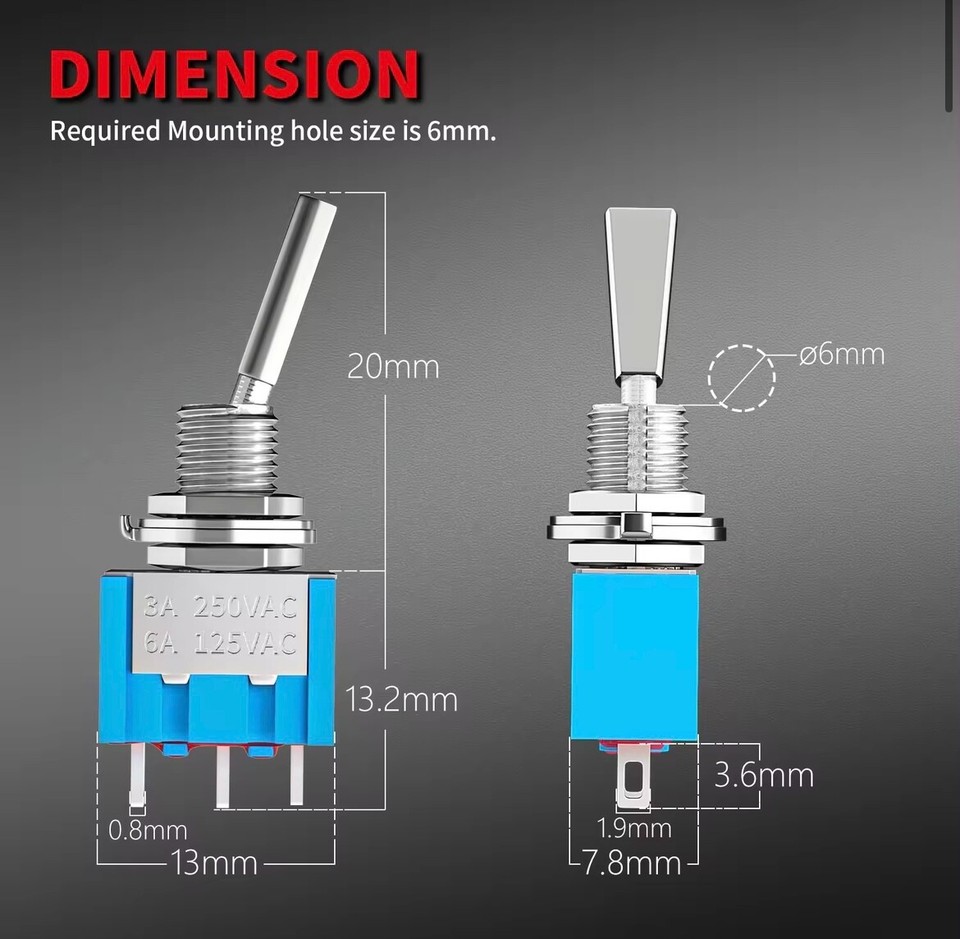 3PCS SPDT Mini Toggle Switch On/On Flat Bat Lever 6A/125VAC MTS-102 ...