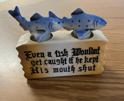 Fish salt & pepper shaker nodders, clever Saying On Front | eBay