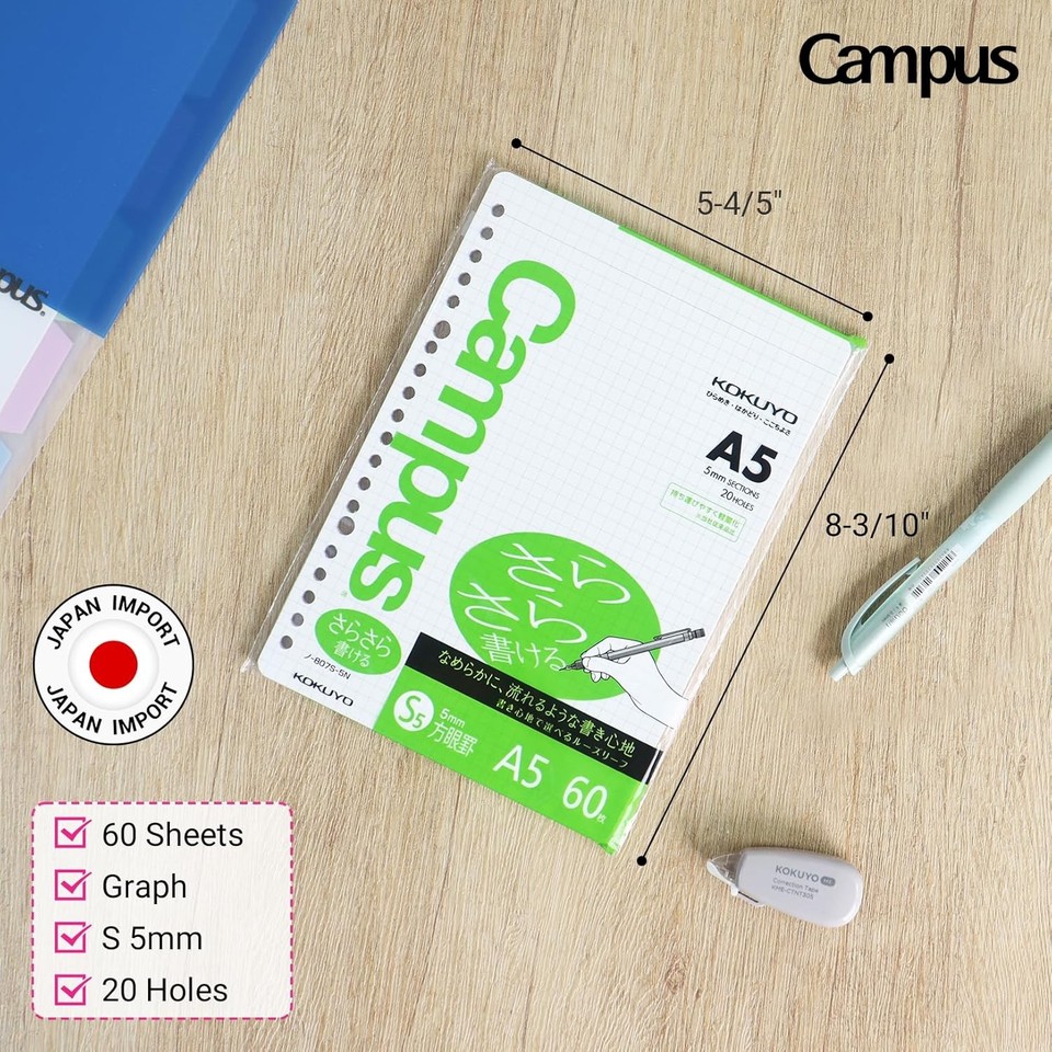 Kokuyo Campus Loose Leaf Paper, A5 Filler Paper with 5x5 Graph, 60 A5 ...
