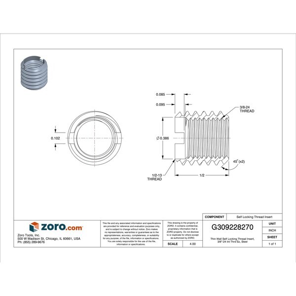 Zoro Select Ez-310-624 Thin Wall Self Locking Thread Insert, 3/8"-24 ...