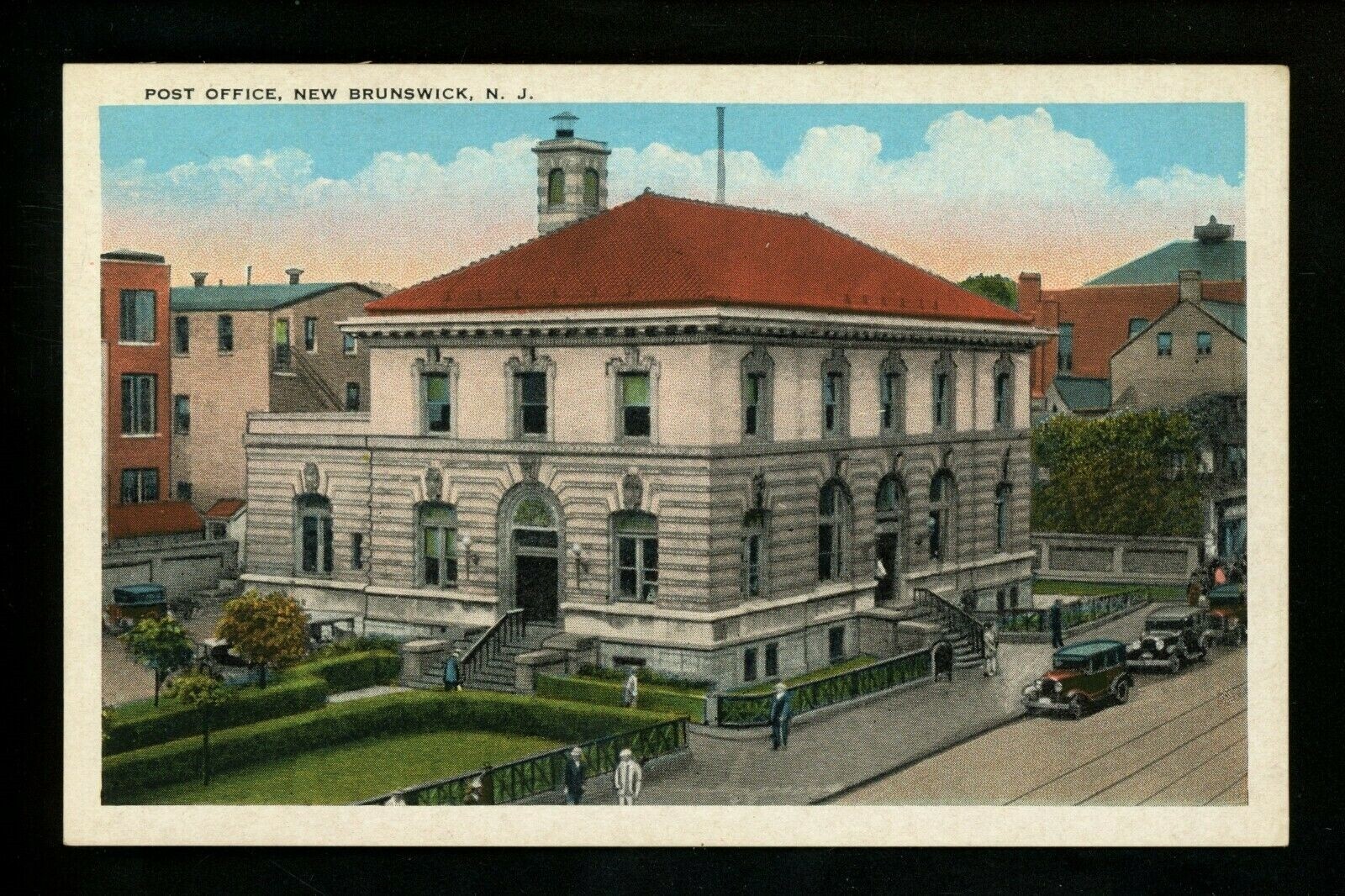 Post Office postcard New Jersey NJ New Brunswick mailbox fence cars ...