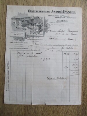 facture ancienne illustrée Velours " André Daniel " Amiens 1927 . ref ...
