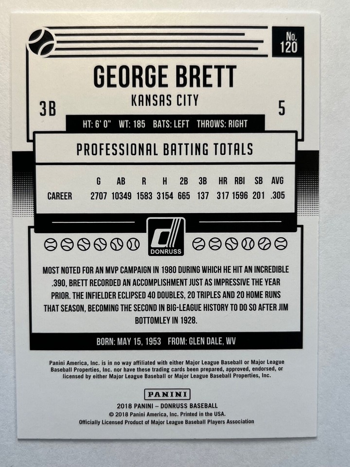 2018 Donruss #120 George Brett Black & White Variation Kansas City ...