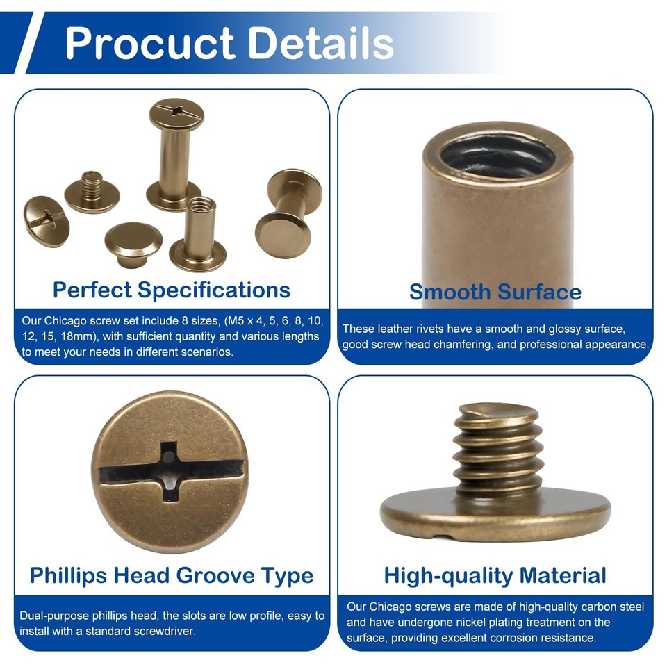 130Sets Chicago Screws Kit, Bronze Screw Rivets, 8 Sizes Carbon Steel ...