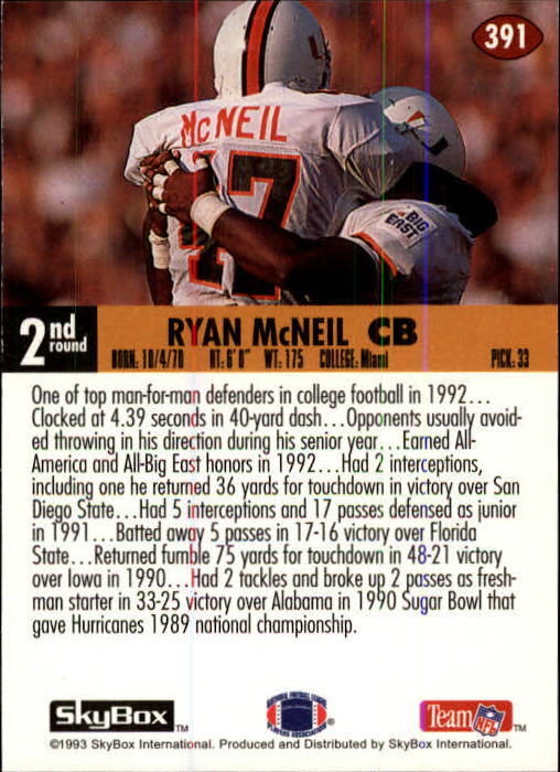 1993 SkyBox Impact Football Card #391 Ryan McNeil IR RC UER | eBay