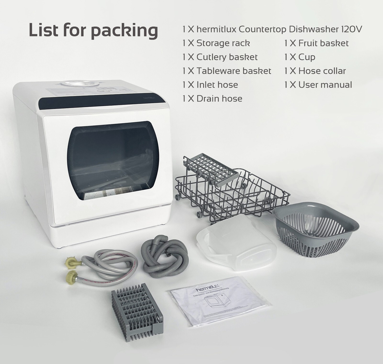Hermitlux Countertop Dishwasher, 5 Washing Programs, 5-Liter Built-in ...