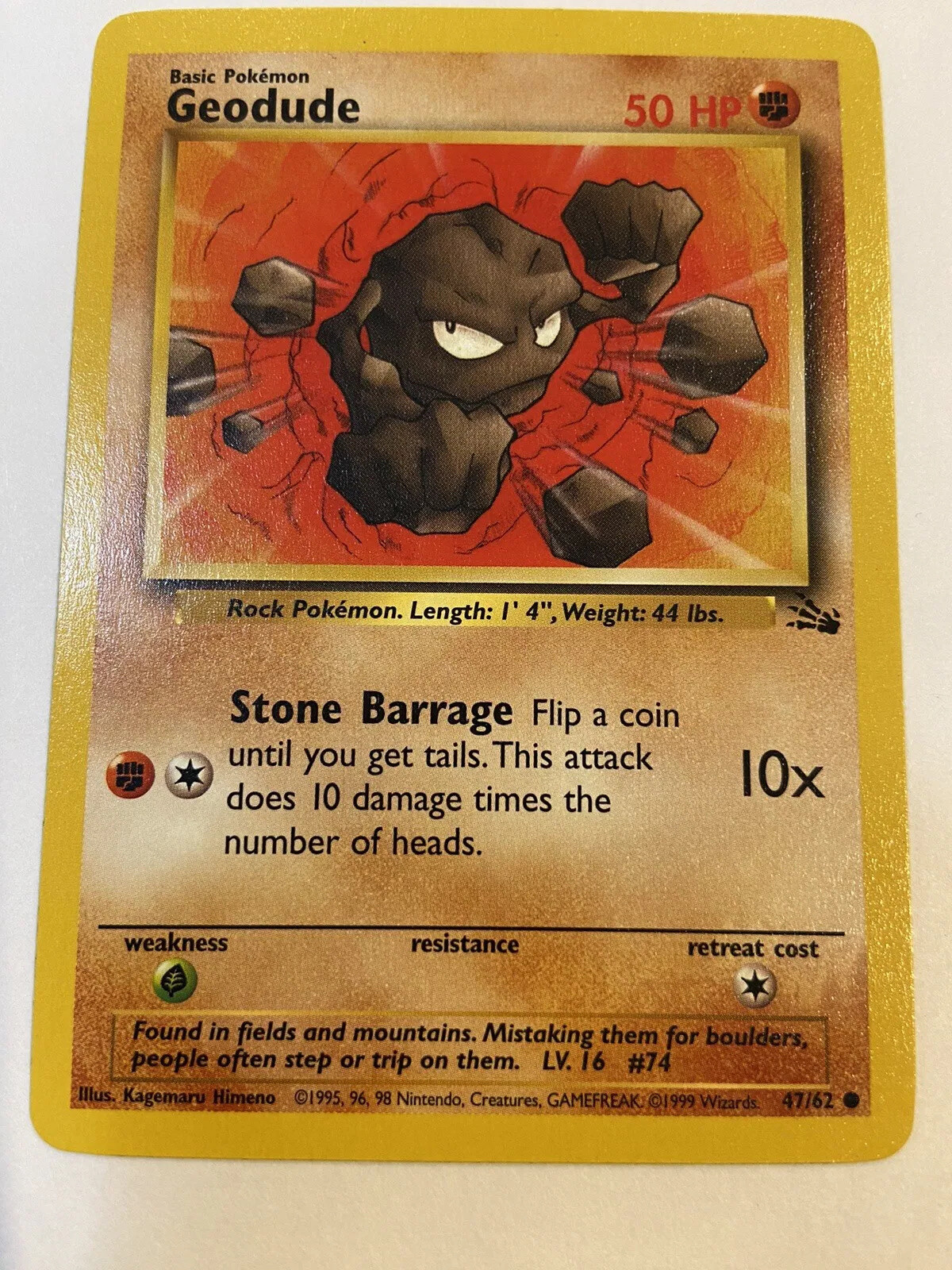 Pokémon Card Geodude Fossil 47/62 Unlimited WOTC Pokemon Card 1999 LP ...