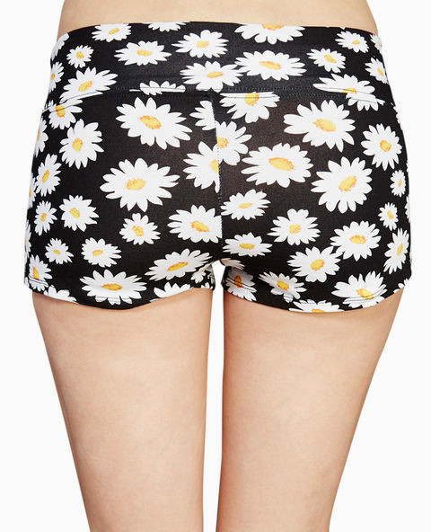 ROSES DAISY floral Black mini shorts shortie yoga boy-shorts Cotton S M ...