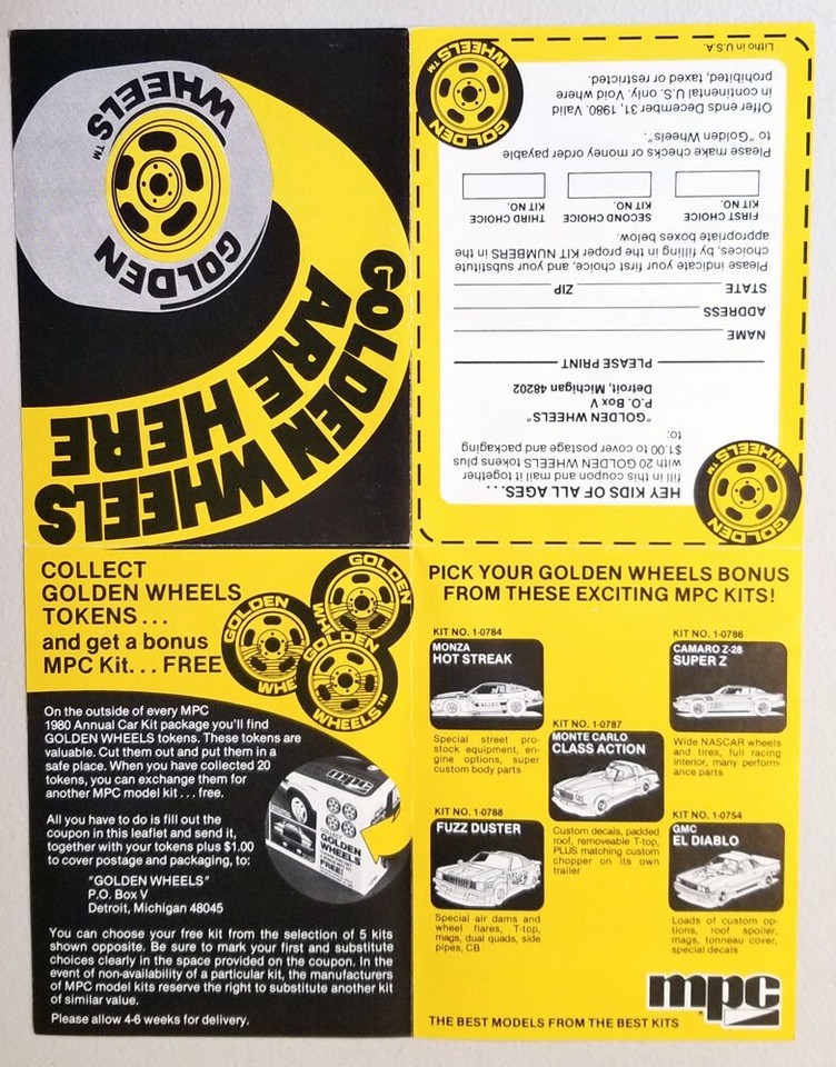 MPC Golden Wheels 1980 Tokens Model Kits Brochure Flyer Poster in Color ...