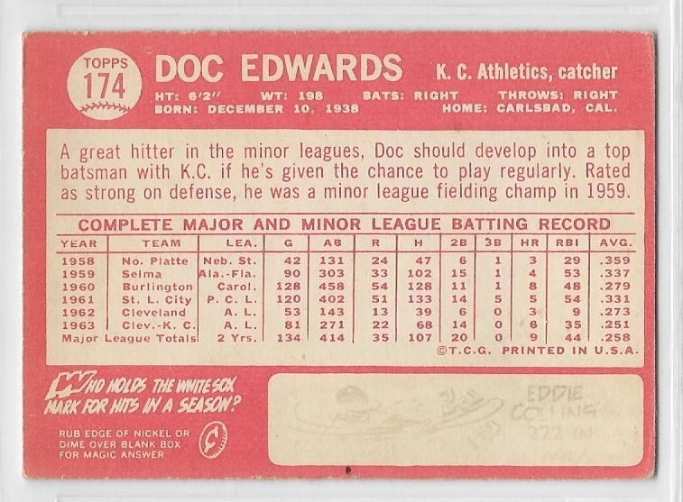 1964 Topps #174 DOC EDWARDS Kansas City Athletics (Excellent) **free ...