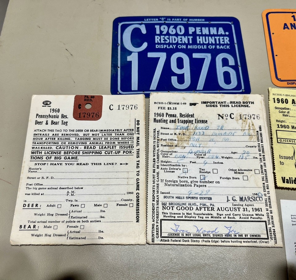 Complete 1960 Pennsylvania Hunting License, Antlerless , Archery, & tag ...