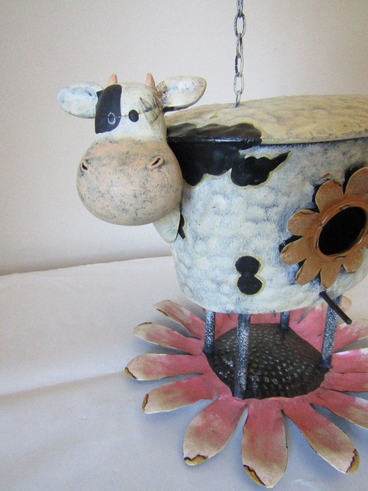 Holstein Cow & Sunflower Birdhouse - Metal Hanging Rustic Country Farm ...