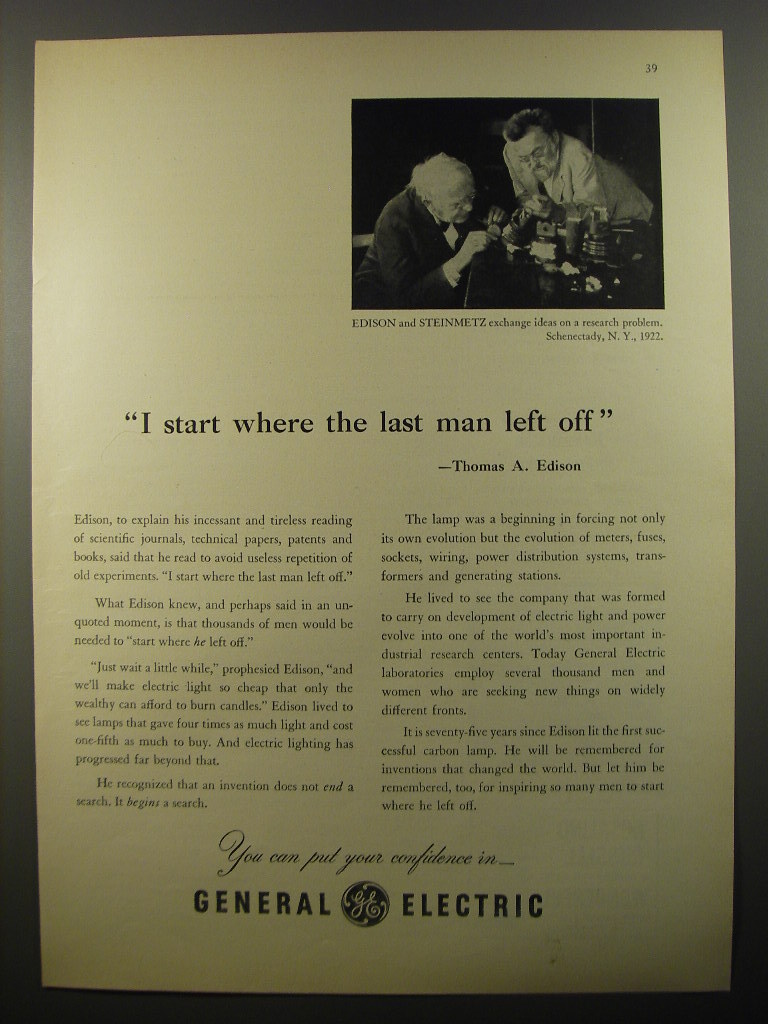 1954 General Electric Ad - I start where the last man left off - Edison ...