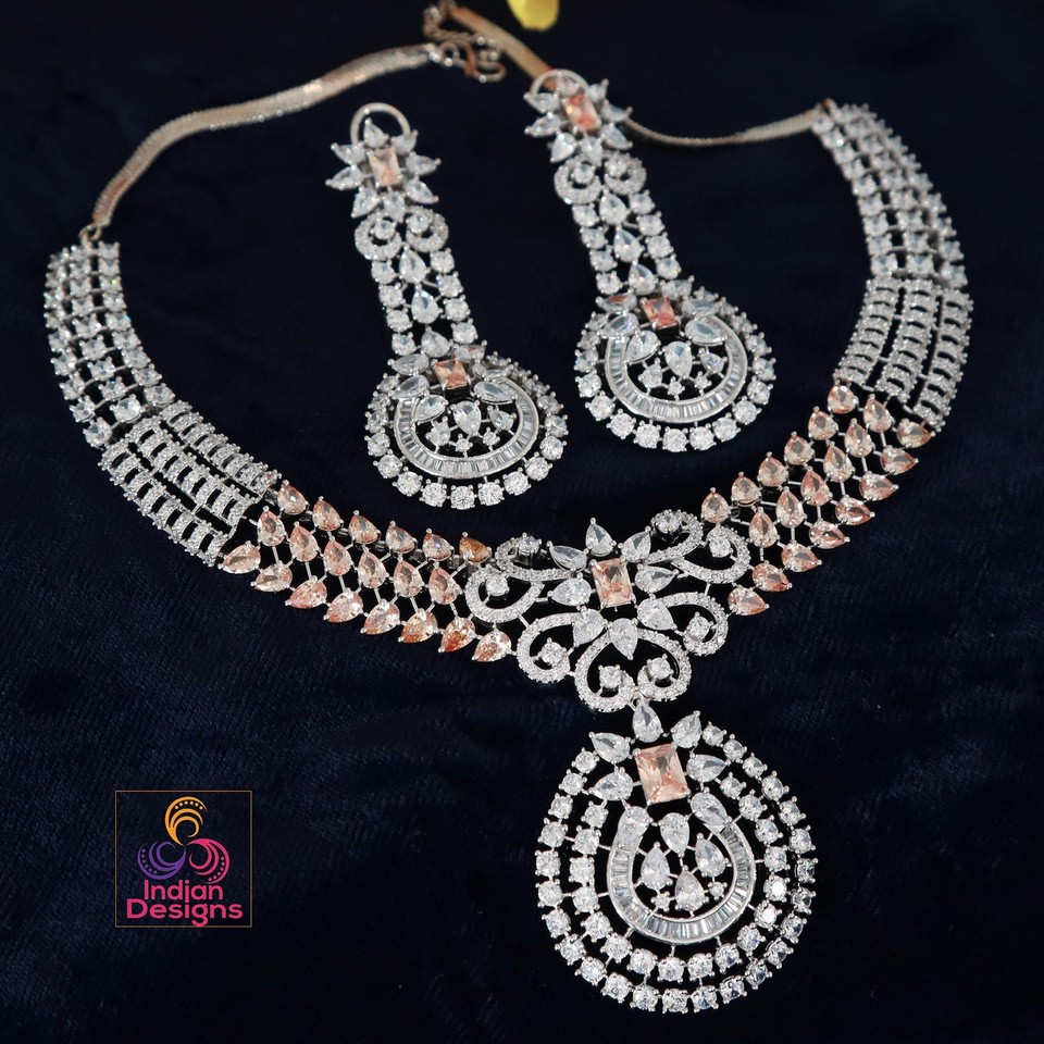 Exclusive Silver Polish American Diamond Collar necklace Earring set ...