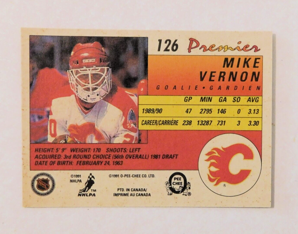 1989 1990 Mike Vernon O-Pee-Chee Premier #126 Calgary Flames Hockey ...