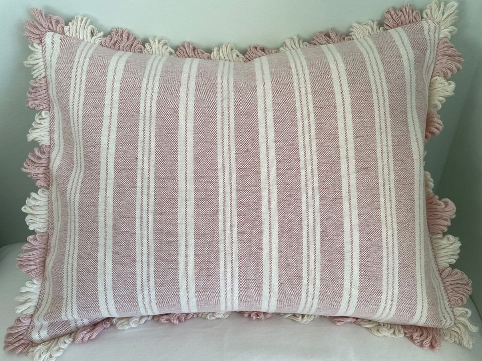 Susie Watson Cambridge Stripe Pink Fabric /Plain Back Fan edge Cushion ...