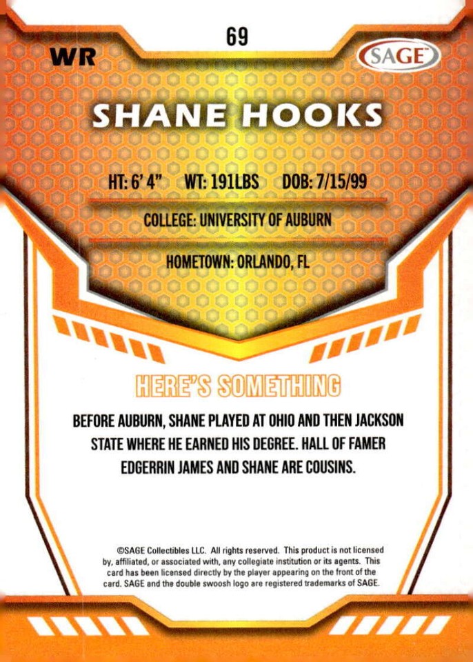 SHANE HOOKS RC 2024 SAGE Hit Low Series #69 ROOKIE NCAA NFL ID:94759 | eBay