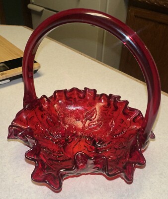 Vintage Fenton Ruby Red Glass Basket With Rose Design | eBay