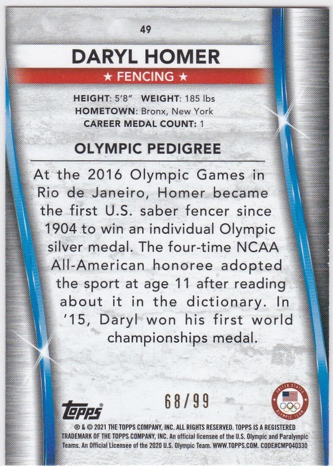 Daryl Homer 2021 US Olympic & Paralympic Team and Hopefuls Gold #68/99 Rookie RC | eBay