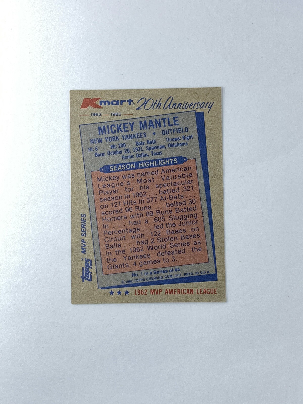 1982 Topps Kmart 20th Anniversary Mickey Mantle #1 New York Yankees ...