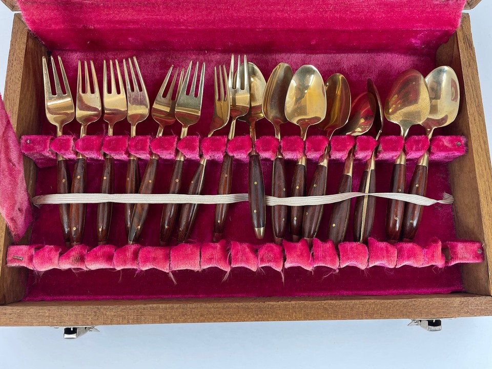 Vintage Flatware Boxed Brass Silverware Wood Handle Serving Set In Box ...