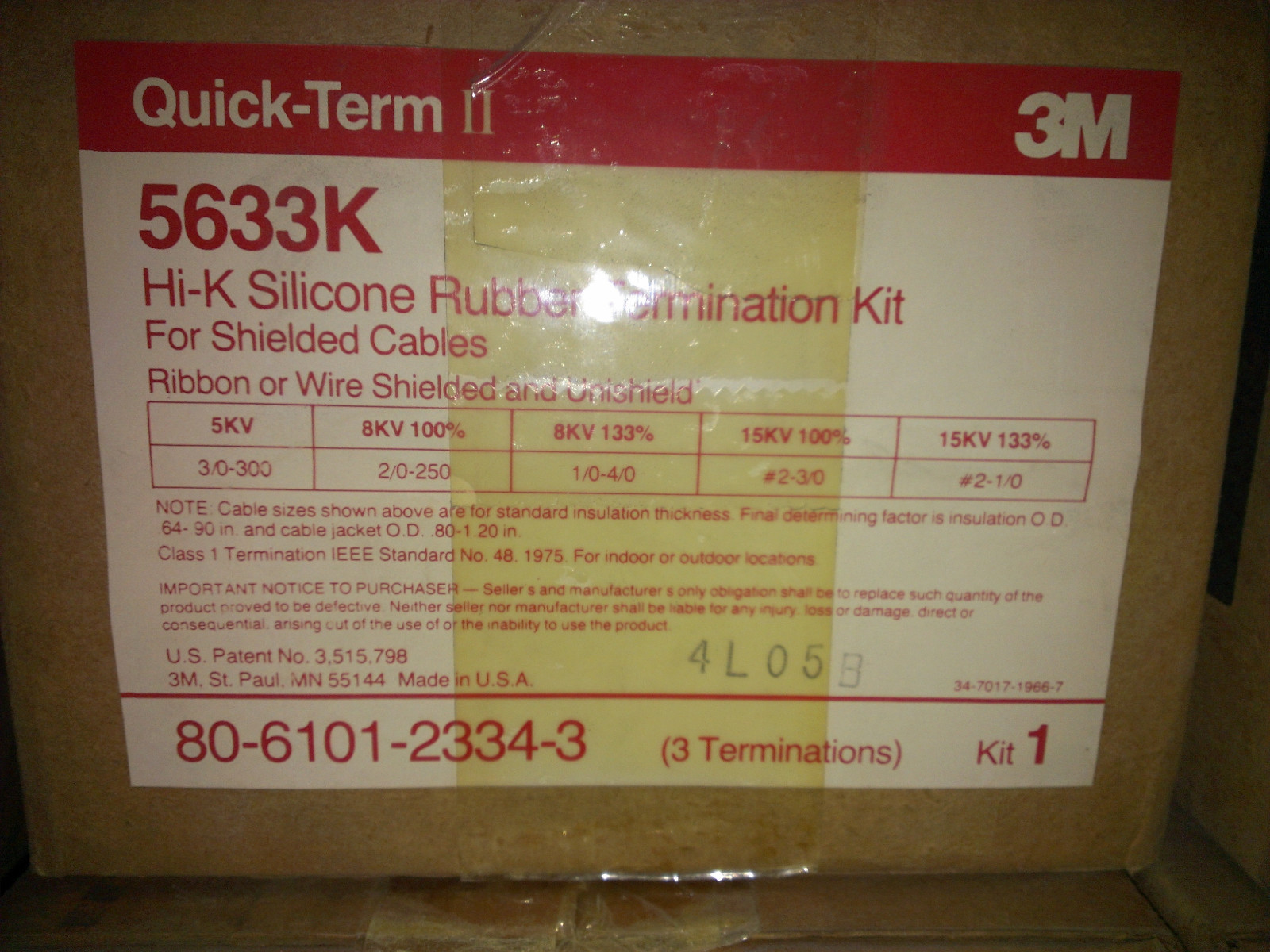 3M 5633K or 5636K QTII SILICONE TERMINATION KIT COLD SHRINK (3 ...