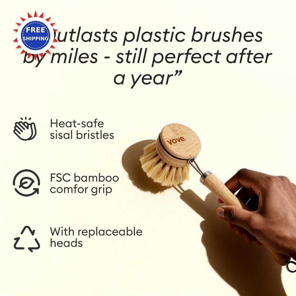 Vove Bamboo Dish Brush 3 Replacement Heads Natural Fiber Bristles ...