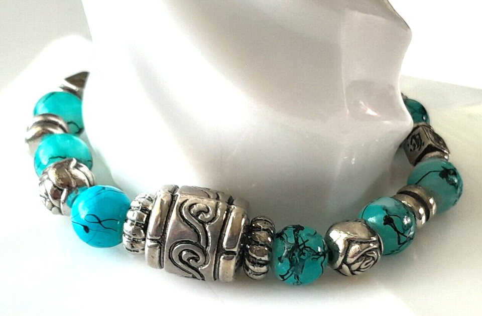 Silver Tone Fashion Bracelet Simulated Blue Turquoise & Metal Beads ...
