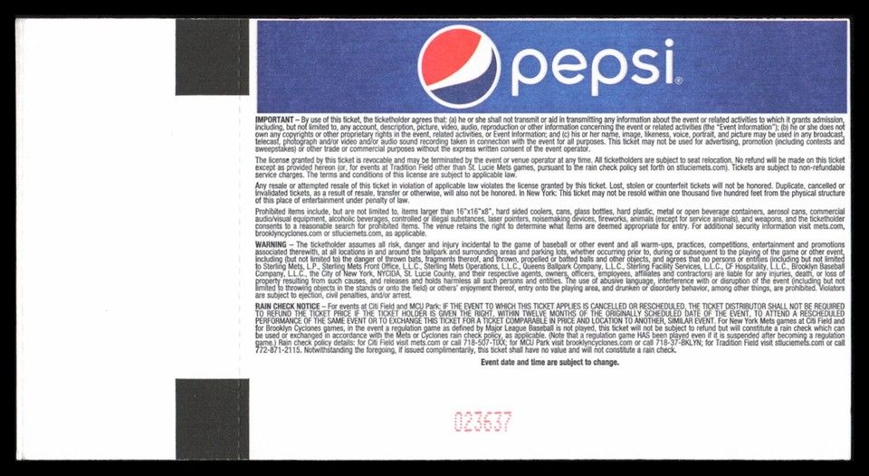 September 16 2015 New York Mets Miami Marlins Club Level Ticket Citi ...