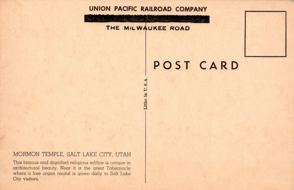 Mormon Temple Salt Lake City Utah UPRR Railway Co Vintage Chrome Post ...