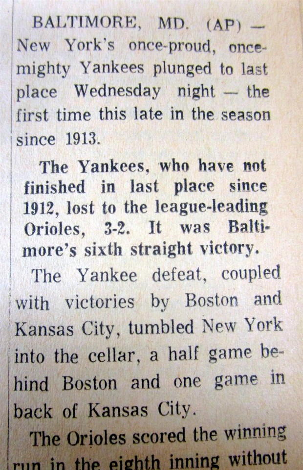 1966 headline newspaper NEW YORK YANKEES in LAST PLACE for 1st time in ...