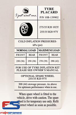 HSV VE VF 20in 275/35 R20 102Y & 20in 255/35 R20 97Y Tyre Placard Decal ...