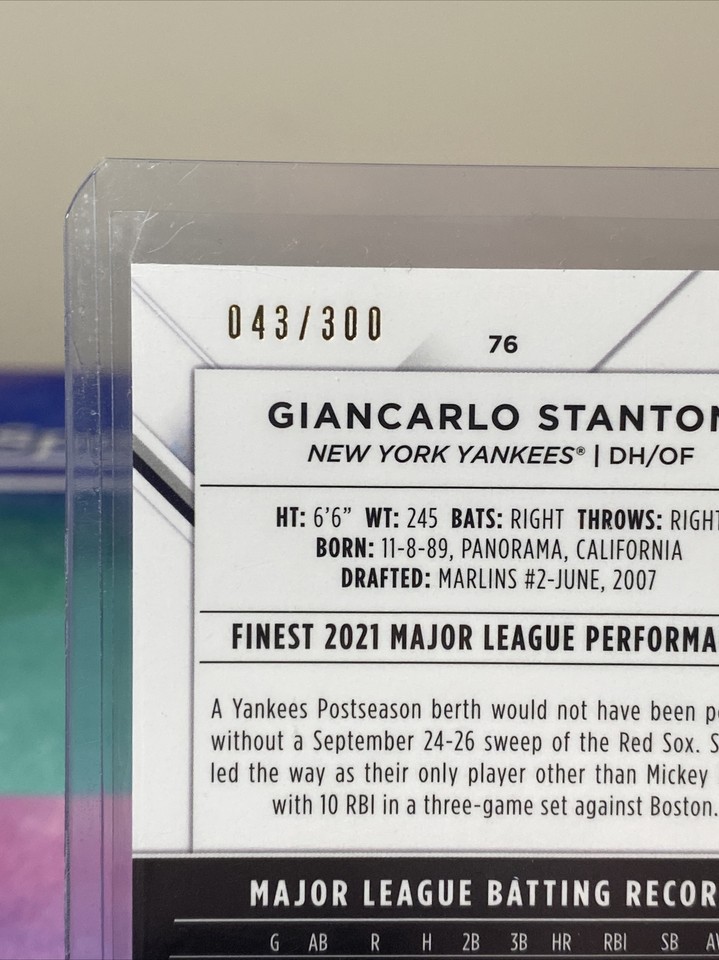 2022 Topps Finest Giancarlo Stanton /300 Sky Blue Refractor #76 New ...