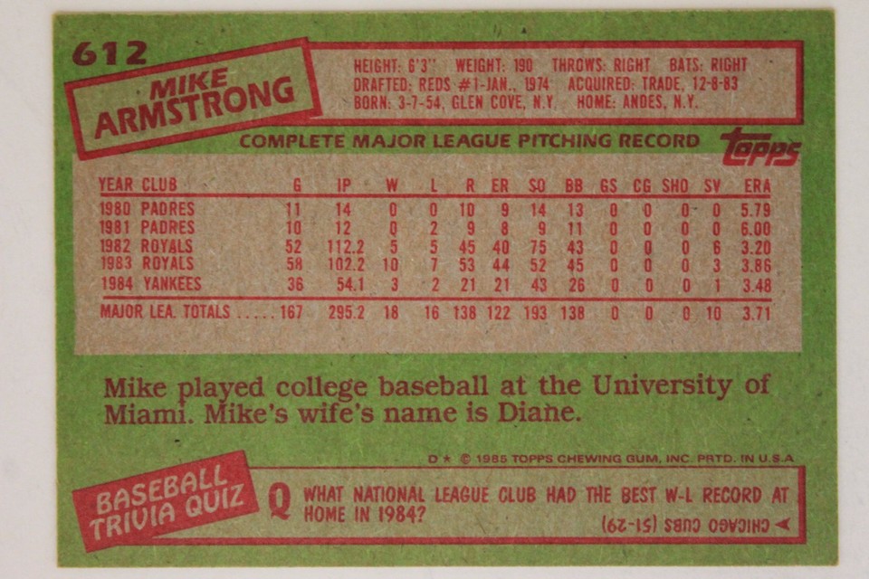 MIKE ARMSTRONG Yankees Royals Padres Indians Autograph 1985 Topps #612 ...