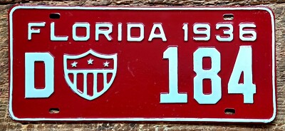 1936 Florida Army License Plate - D 184 - Military Hero Tag - Great ...
