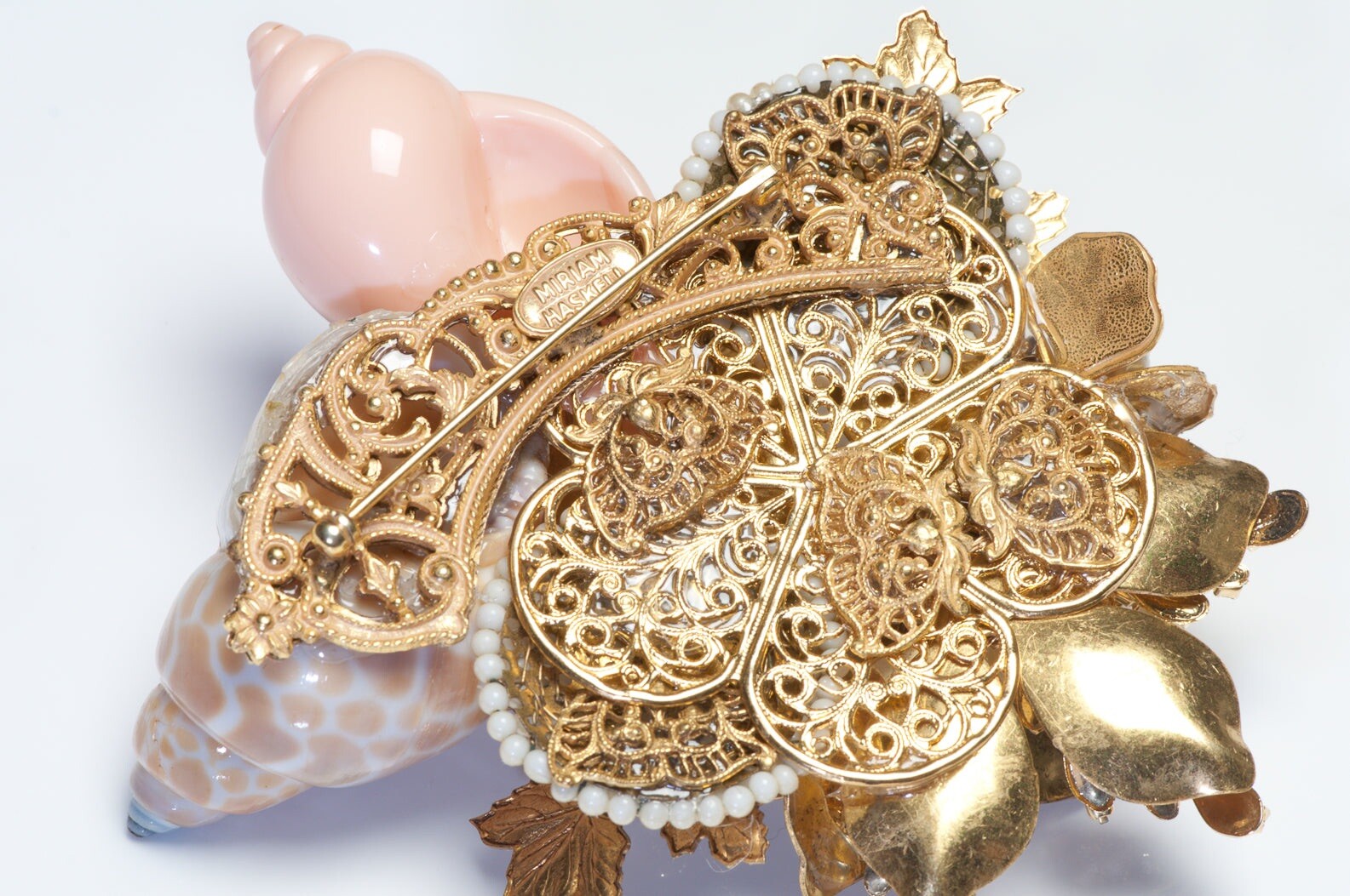 Miriam Haskell 1950’s Faux Pearl Crystal Pink Shell Flower Leaf Large ...