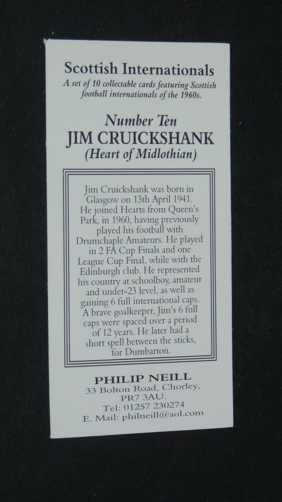 PHILIP NEILL CARD FOOTBALL 2002 SCOTTISH INTERNATIONALS 1960 #10 JIM ...