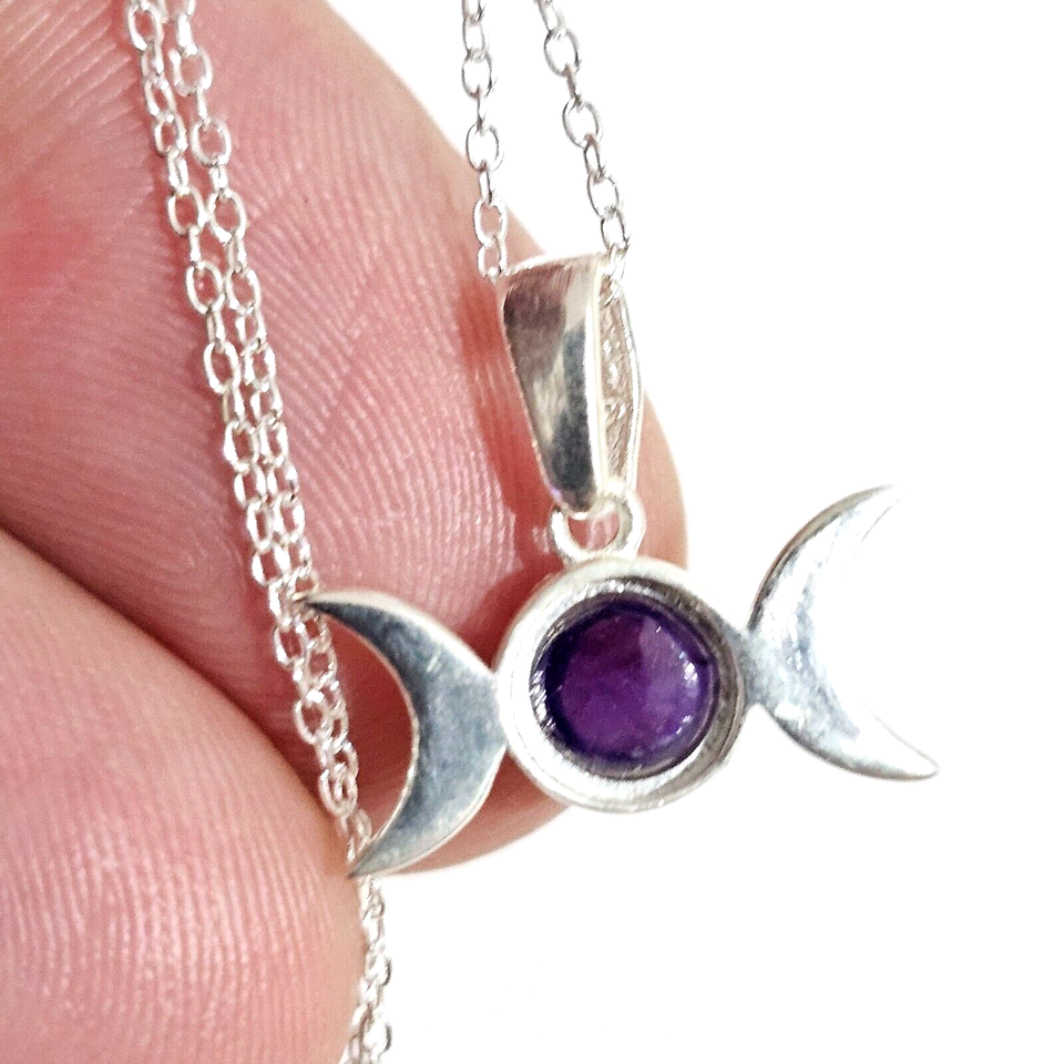 Triple Moon Necklace Pendant Small Amethyst Gemstone 925 Silver 18 ...